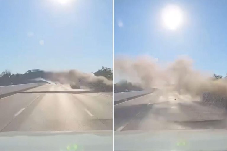Flying car soars across four highway lanes in wild footage of smoky ...