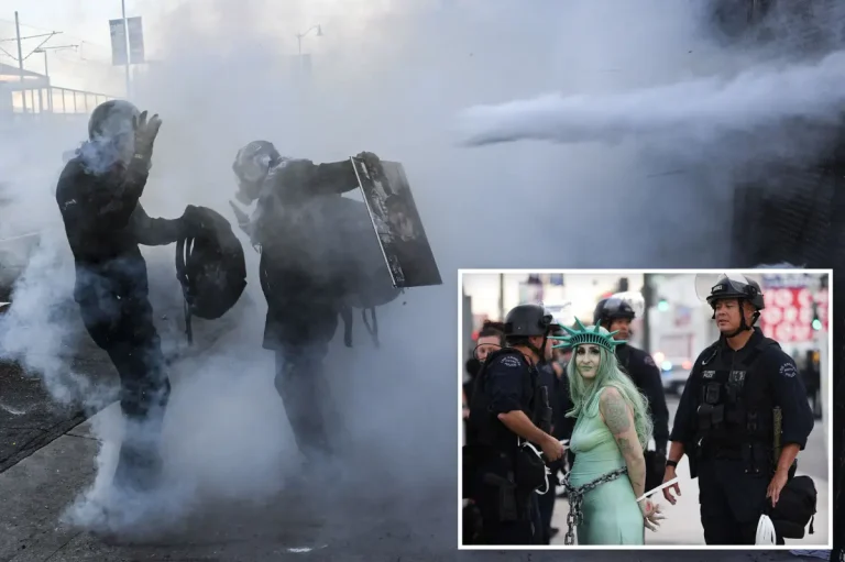 No Kings Rally becomes chaotic and woman in Statue of Liberty attire is ...